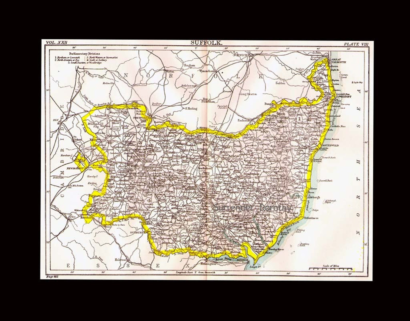 Suffolk County England Map Antique Copper Engraving Vintage European ...
