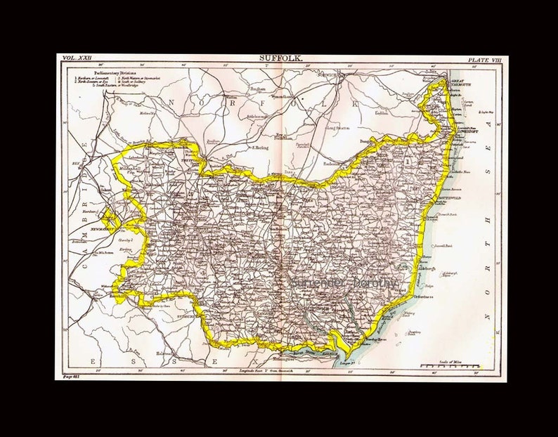 Suffolk County England Map Antique Copper Engraving Vintage European ...