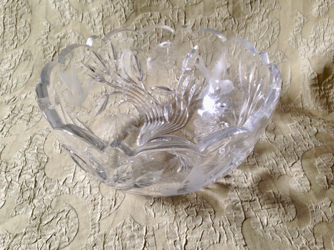 Crystal Fruit Vegetable Bowl Birds Flowers 8" Vintage Brilliant Hand ...