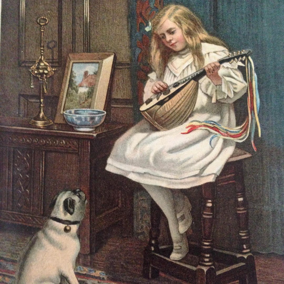 Girl Mandolin & Pug Dog A Queer Duet Antique Print 1893 Original ...