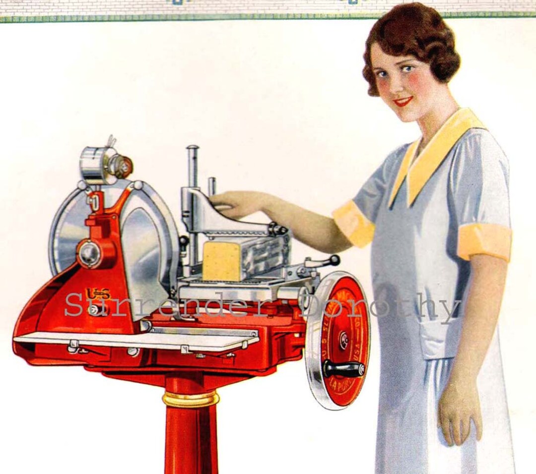 Deli Girl With Red Slicer Machine 1920s Vintage Four Color Antique ...