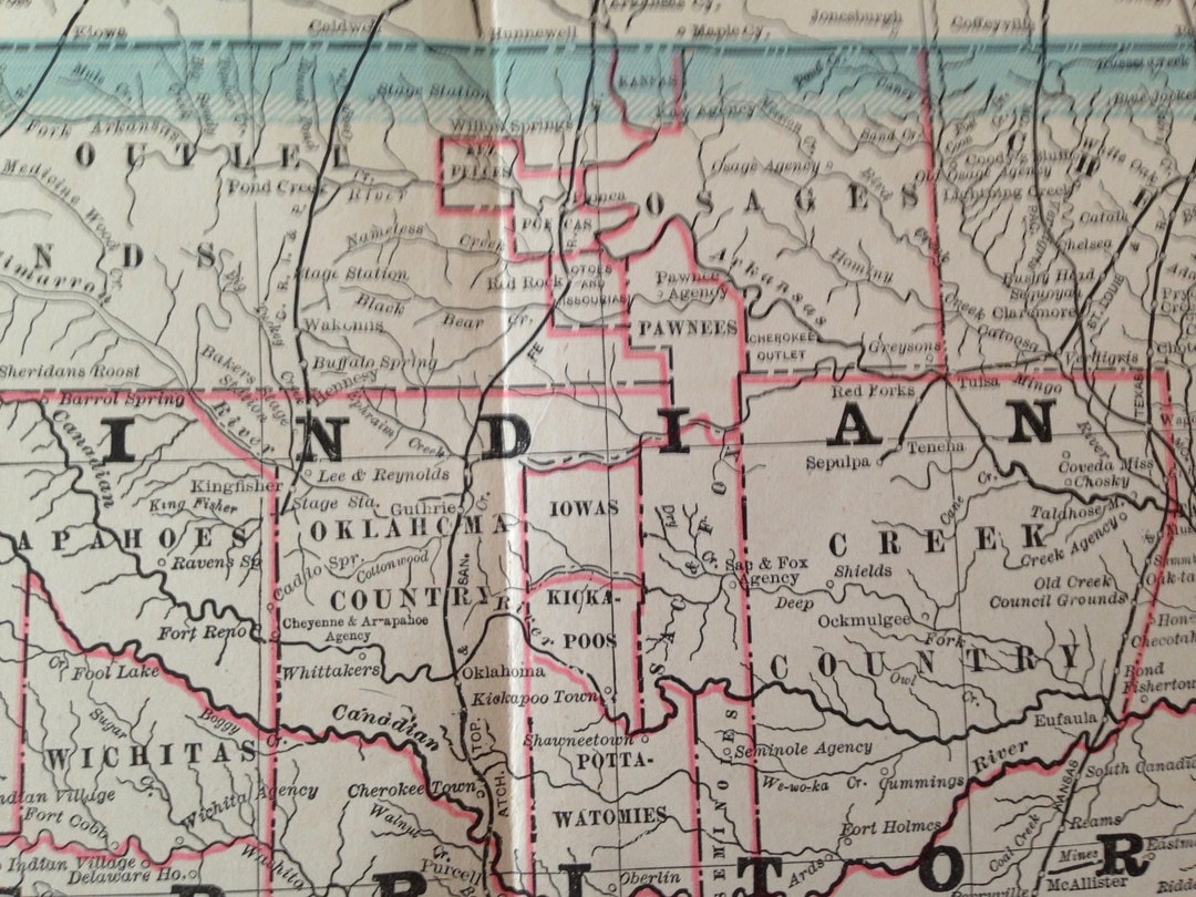 Indian Territory Oklahoma USA Map 1895 Victorian Antique Copper ...