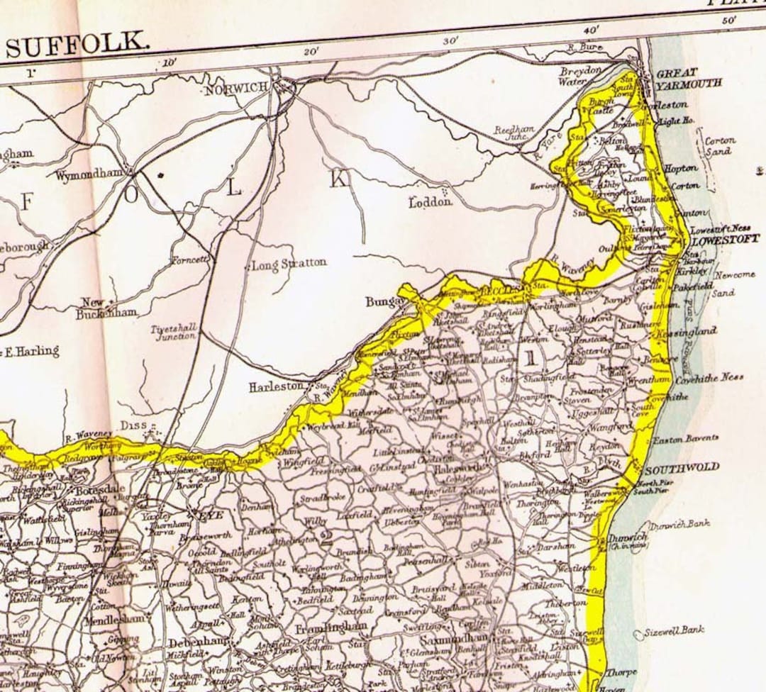 Suffolk County England Map Antique Copper Engraving Vintage European ...