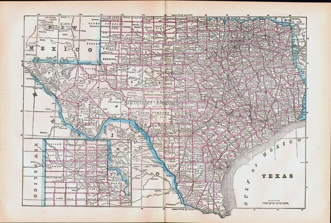 Texas Map USA State Large Antique Copper Engraving Vintage | Etsy