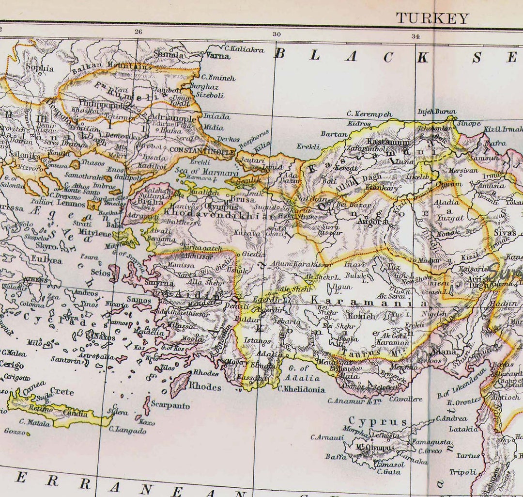 Turkey Map Antique Aquatint Copper Engraving 1892 Large Vintage Middle ...
