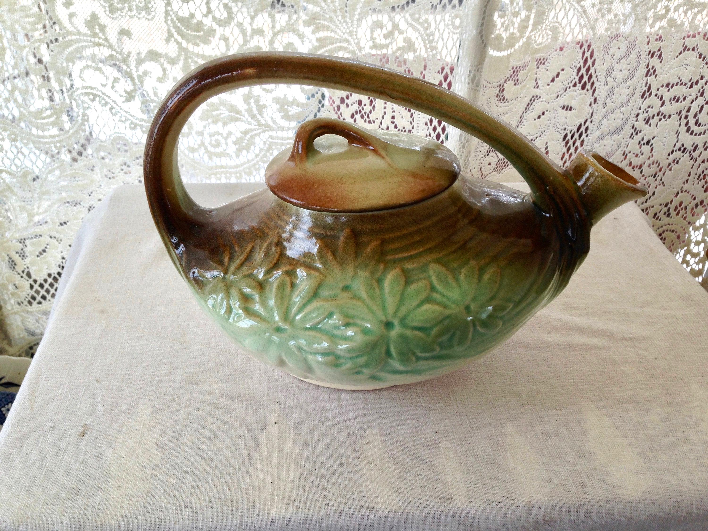 Vintage Mccoy Teapot Art Pottery Green & Brown Daisy Aladdin With Lid ...