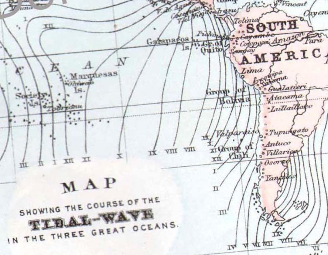 1896 World Map Showing Tidal Waves Vintage Victorian Era Copper ...