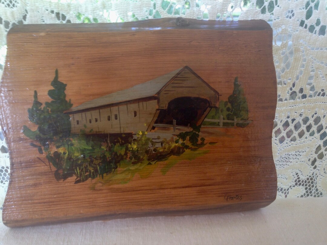 Covered Bridge Vintage Hand Painted Wooden Plaque Tourist Souvenir ...