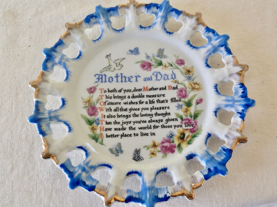 Mother & Dad Plate With Hanger Mid Century Home Decor Blue Gold - Etsy