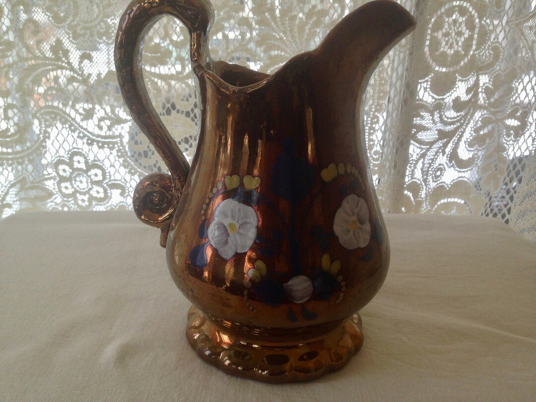 Antique Staffordshire English Copper Luster Ware Pitcher White Blue ...