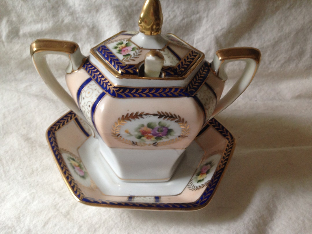 Jam Pot Noritake Morimura Vintage Cobalt Blue Pink 22k Gold Handpainted ...