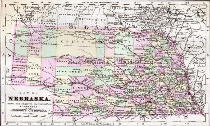 Nebraska USA State Map 1896 Antique Victorian Copper Engraving Vintage ...