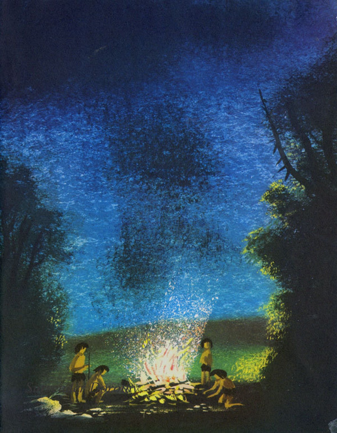 Caveman Bonfire Vintage Children's Natural History Color Lithograph ...