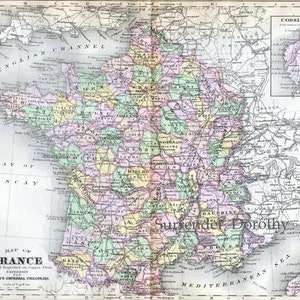 Map France Antique Copper Engraving Vintage European Cartography 1896 ...