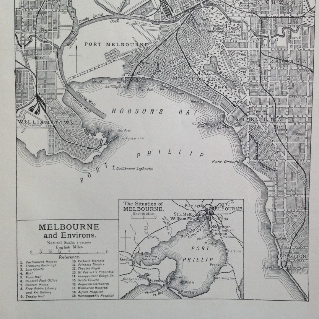 Melbourne Australia Map 1910 Vintage Edwardian Steel Engraving ...