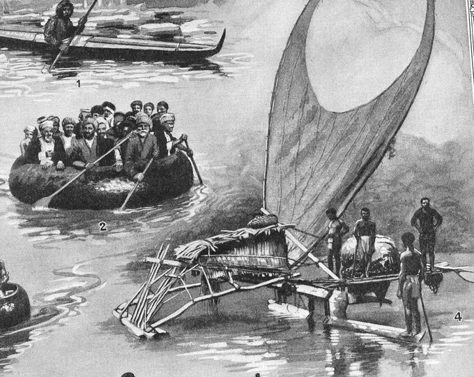 Primitive Boats & Water Craft Chart 1920s Vintage Natural History ...