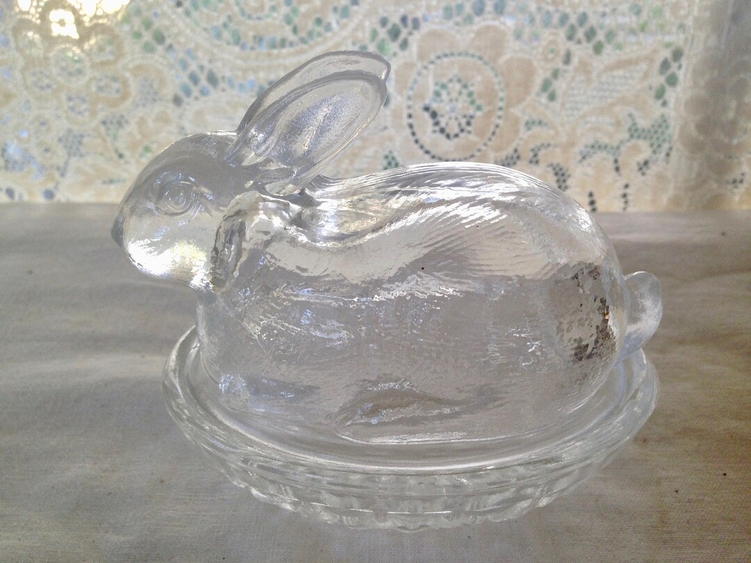 Bunny on A Basket Vintage Clear Glass Covered Rabbit Dish Candy Soap ...