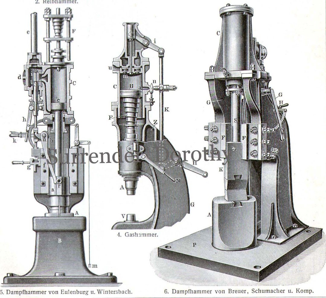 Industrial Steam Hammer Machine 1906 Technical Illustration Chart With ...