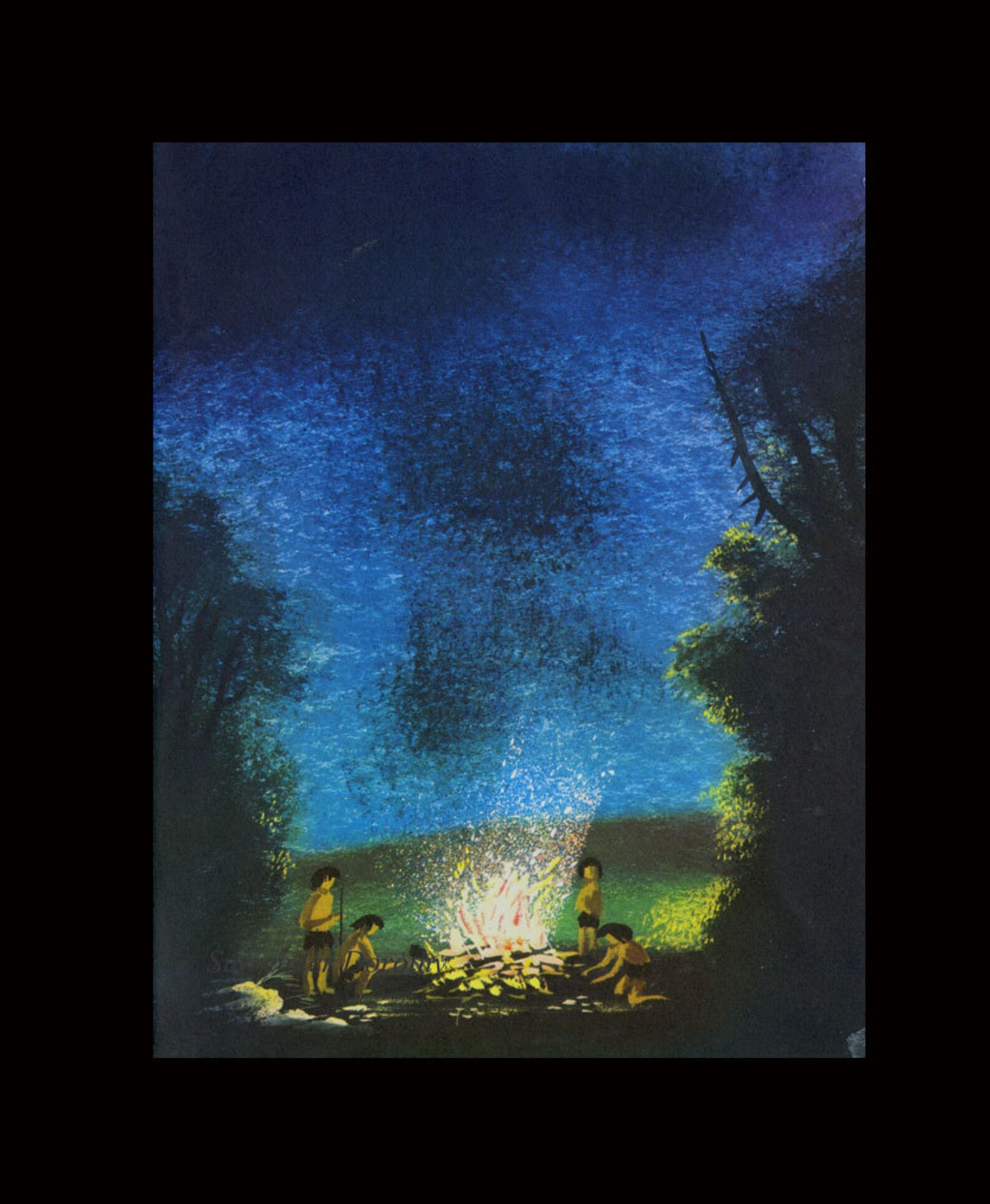 Caveman Bonfire Vintage Children's Natural History Color Lithograph ...