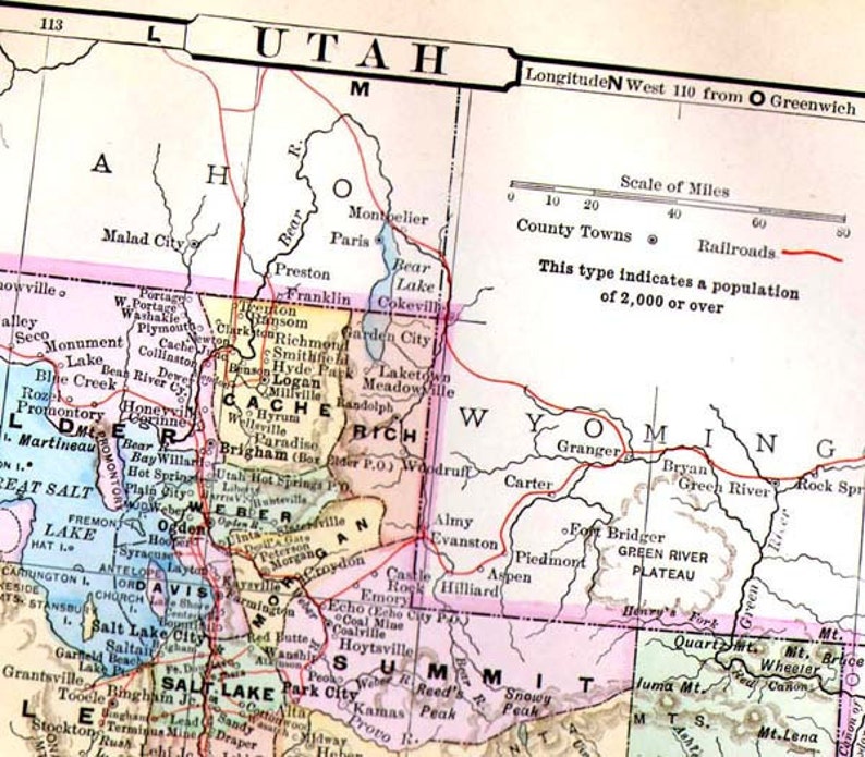 Utah Map United States USA 1896 Vintage Victorian Antique Copper ...
