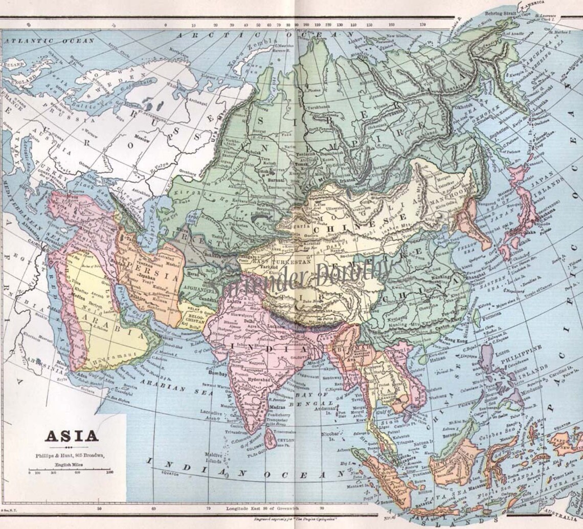 Asia Map Antique Victorian 1888 Vintage Aquatint Cartography to Frame ...