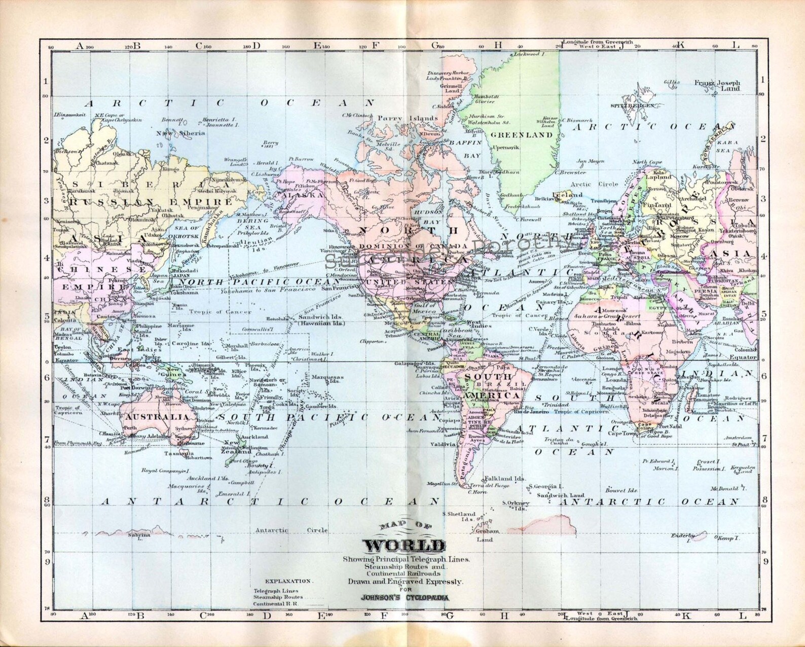 World Map 1896 Large Antique Copper Engraved Map Telegraph | Etsy