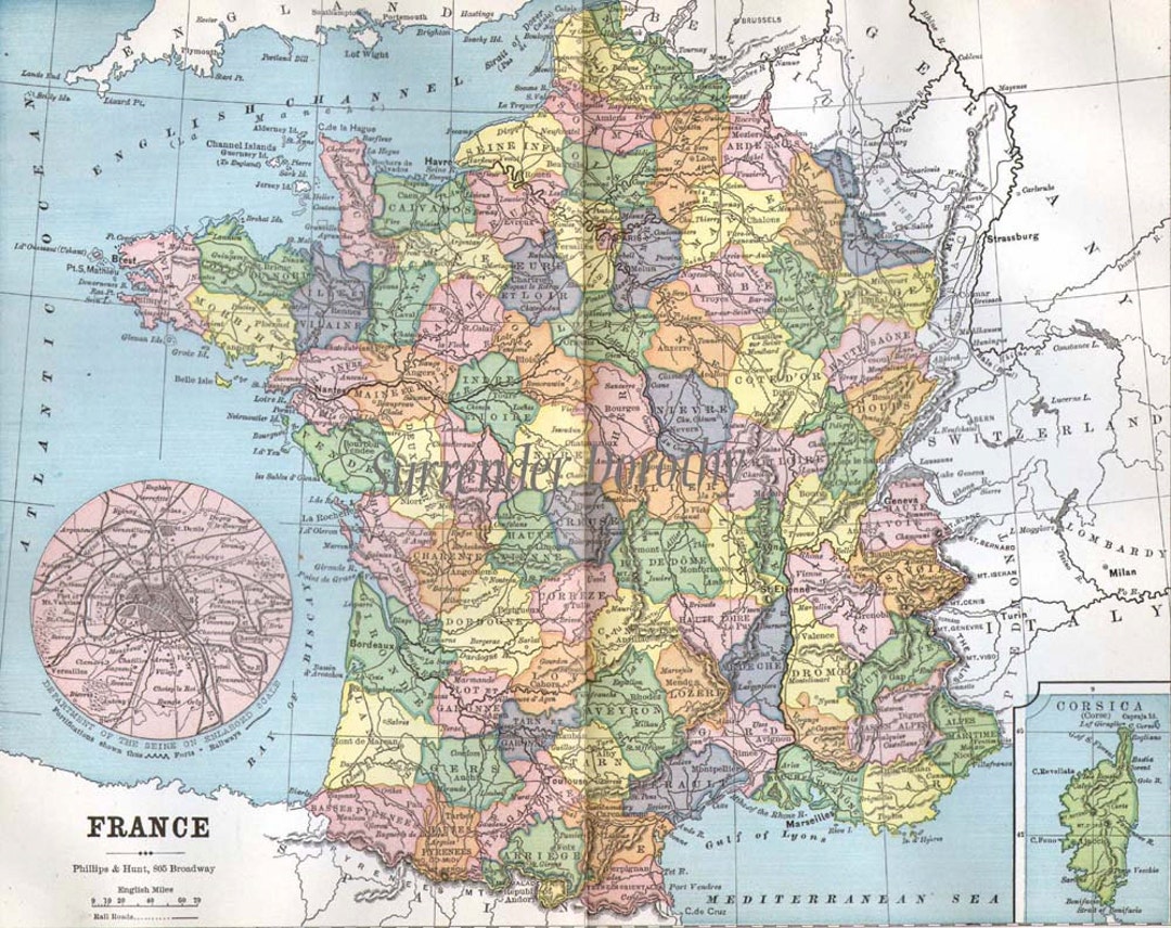 France Map 1888 Paris Corsica Inserts Antique Steel Engraving ...