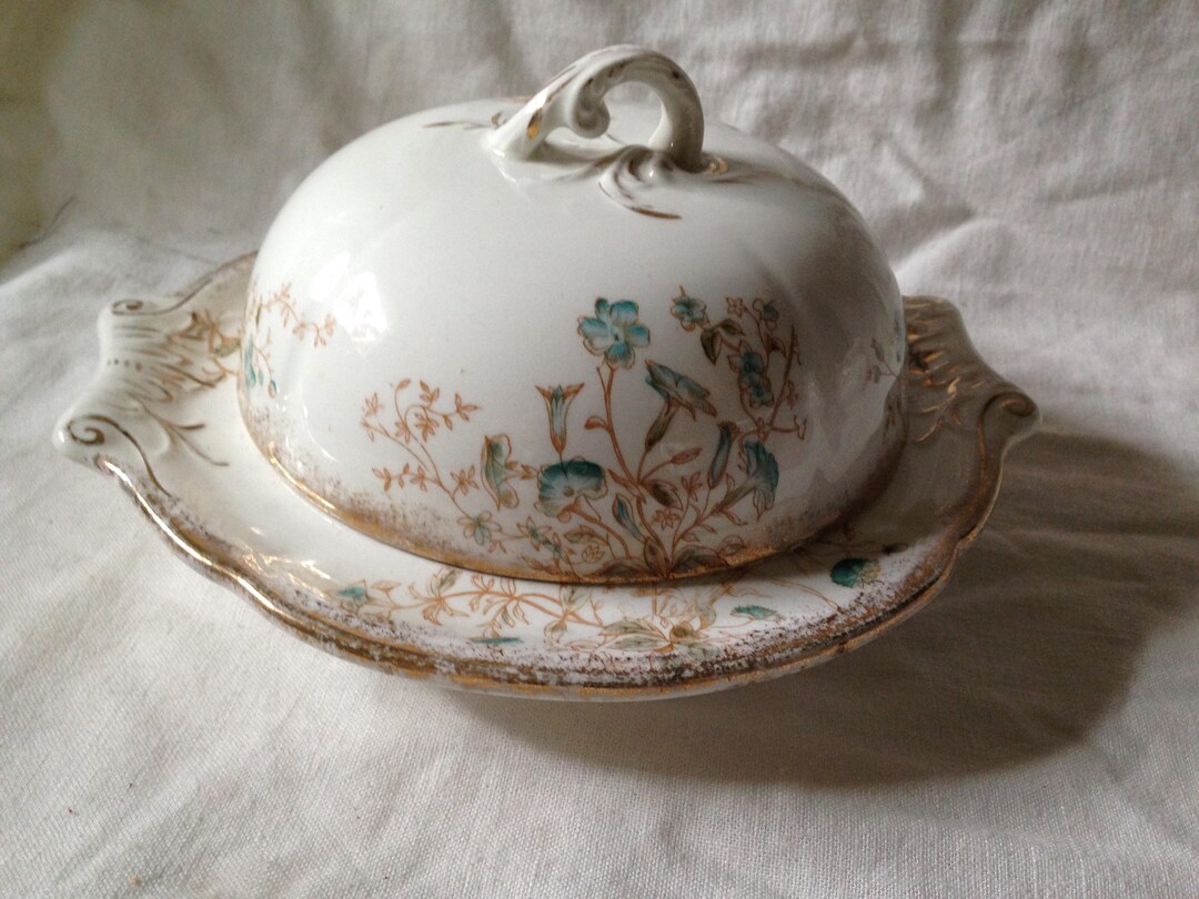 Covered Butter Dish Waterloo Potteries Aqua Flowers Transfer Ware Gold ...