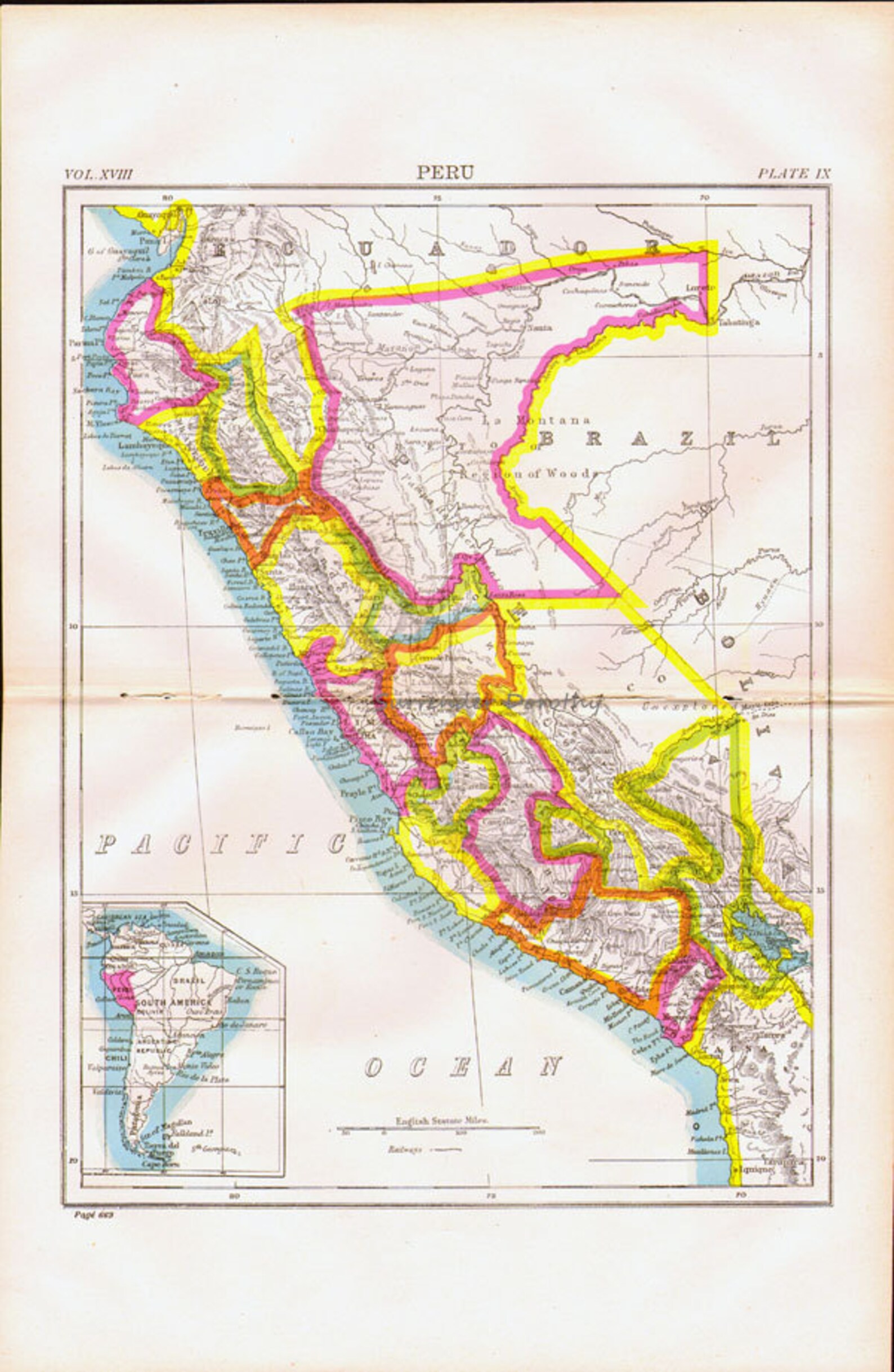 Peru Map Antique Copper Engraving South America Cartography 1892 ...