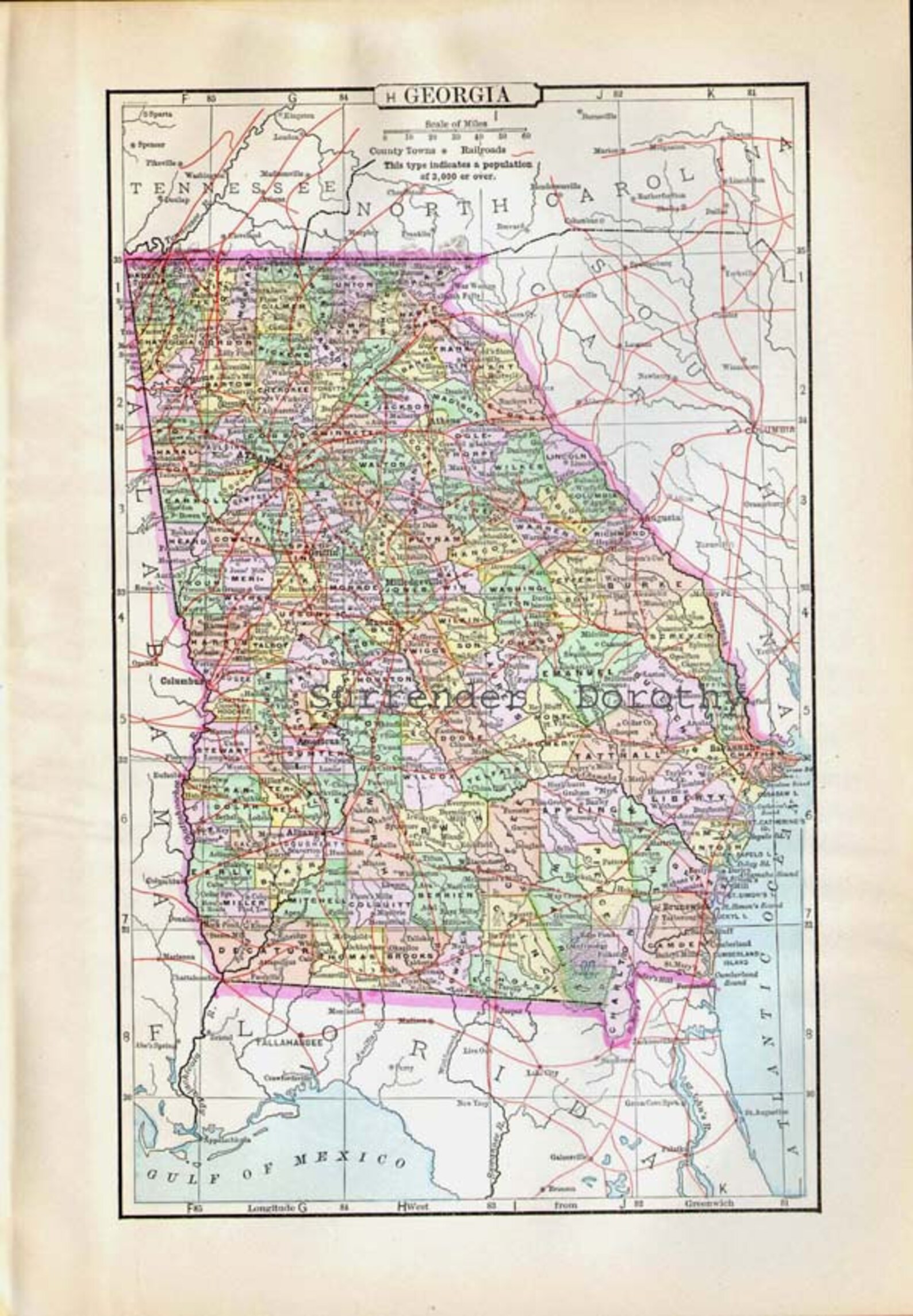 Georgia Map United States USA 1896 Victorian Vintage Antique Copper ...