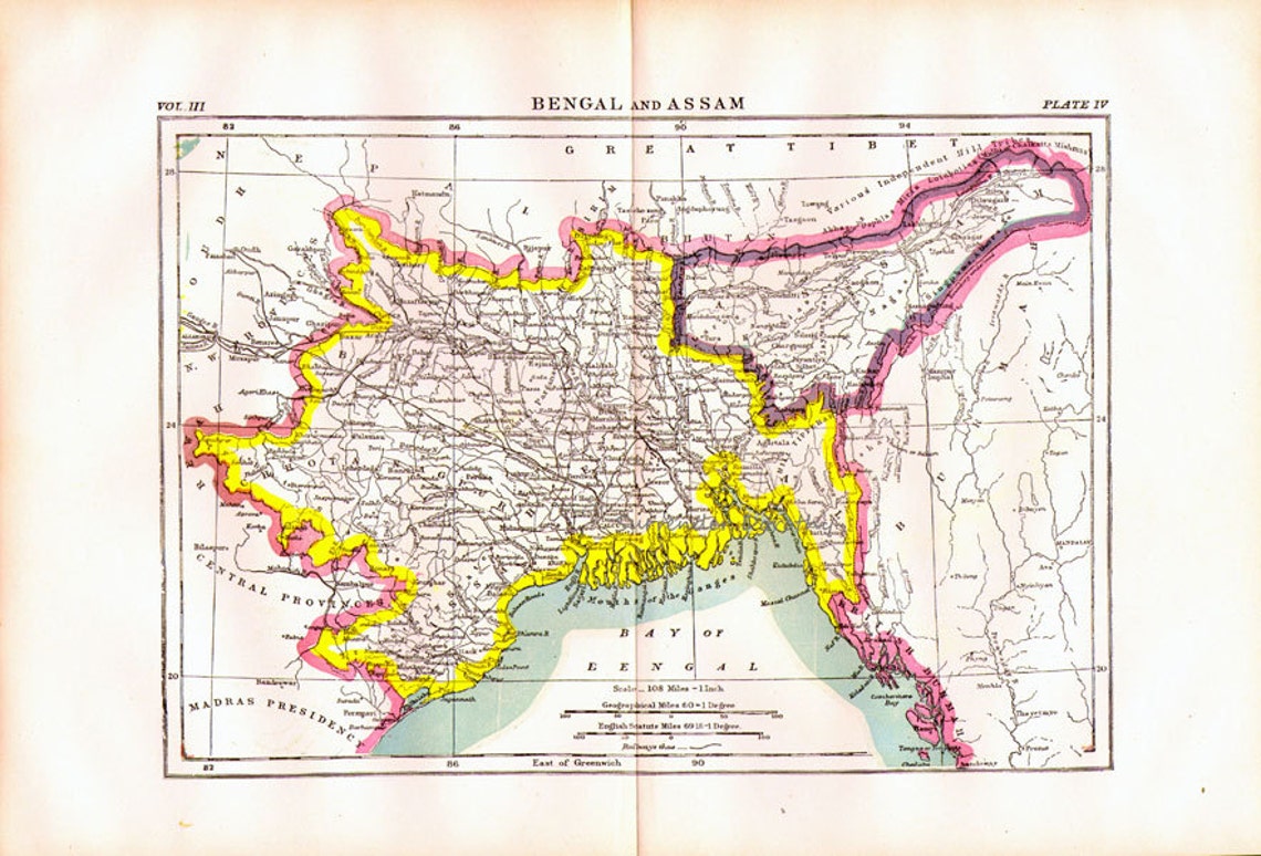 Bengal Assam India Map Antique Copper Engraving Vintage Asian ...