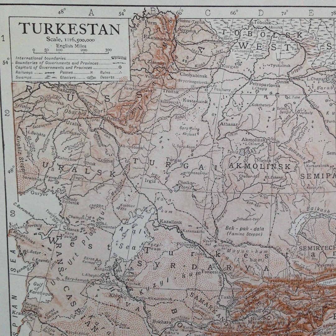 Turkestan Turkistan Map Silk Road 1910 Vintage Edwardian Steel ...
