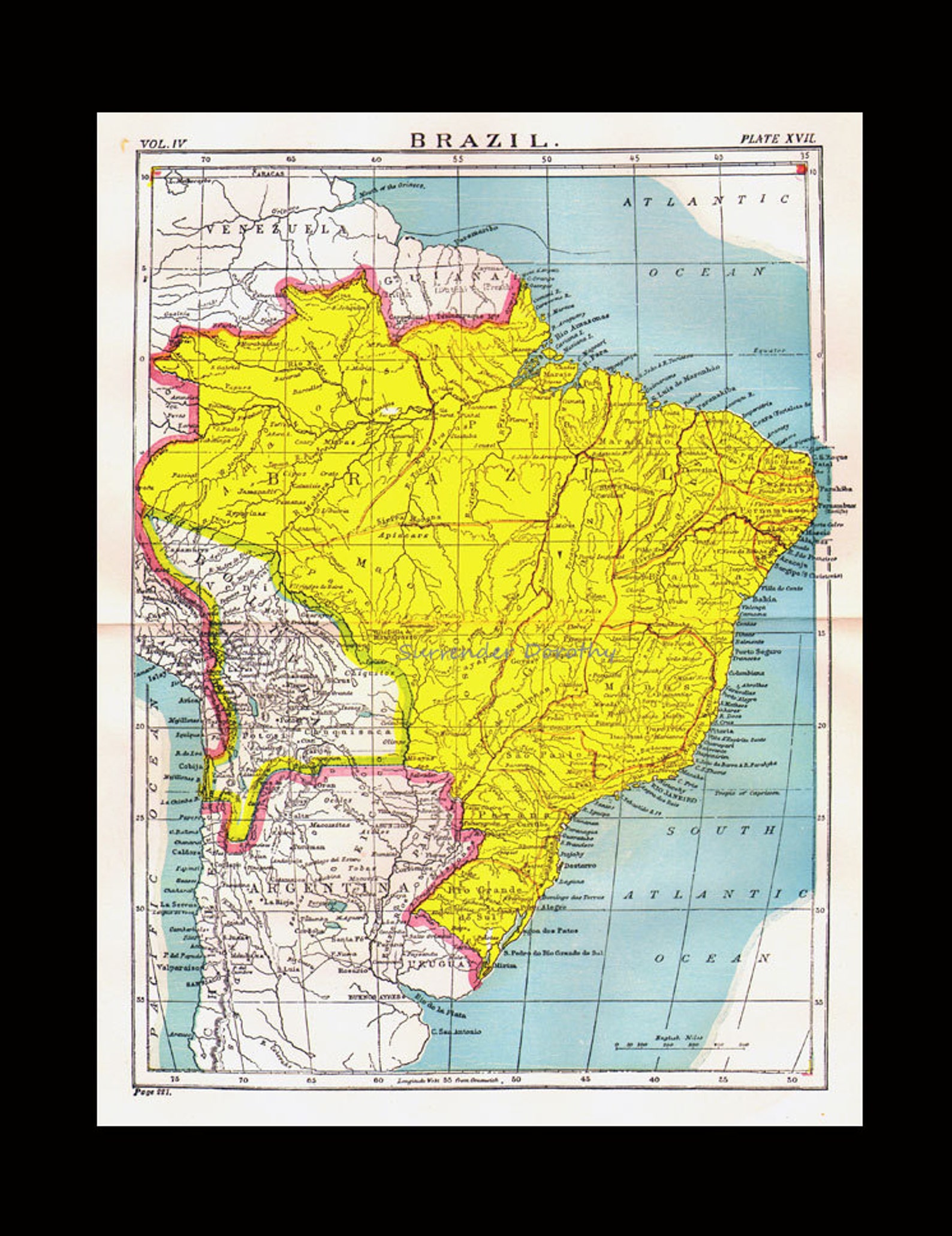 Brazil Map Antique Copper Engraving South America Vintage Cartography ...