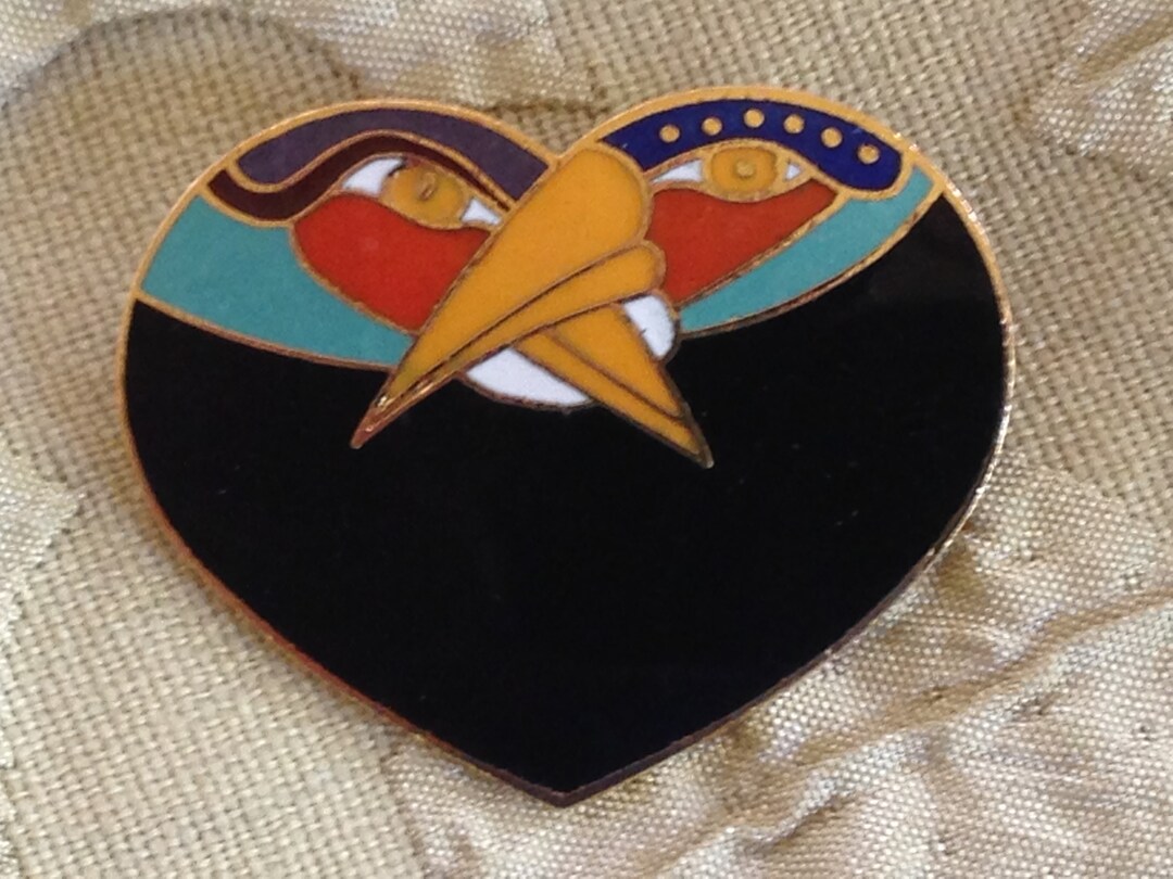 Laurel Burch Brooch Pin Black Rainbow Bird Heart Cloisonné Art Jewelry ...