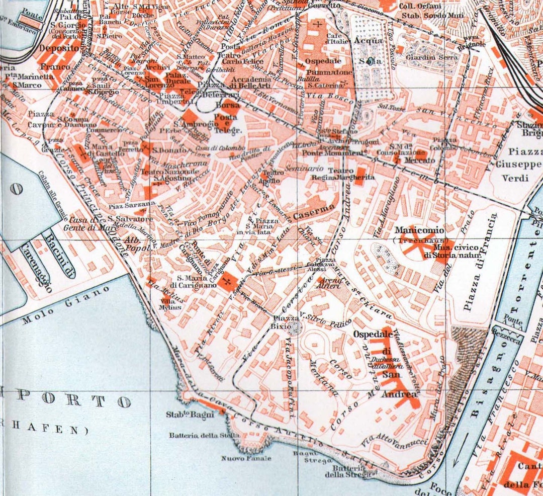 Genoa Italy European City Map Vintage Edwardian Antique Cartography ...