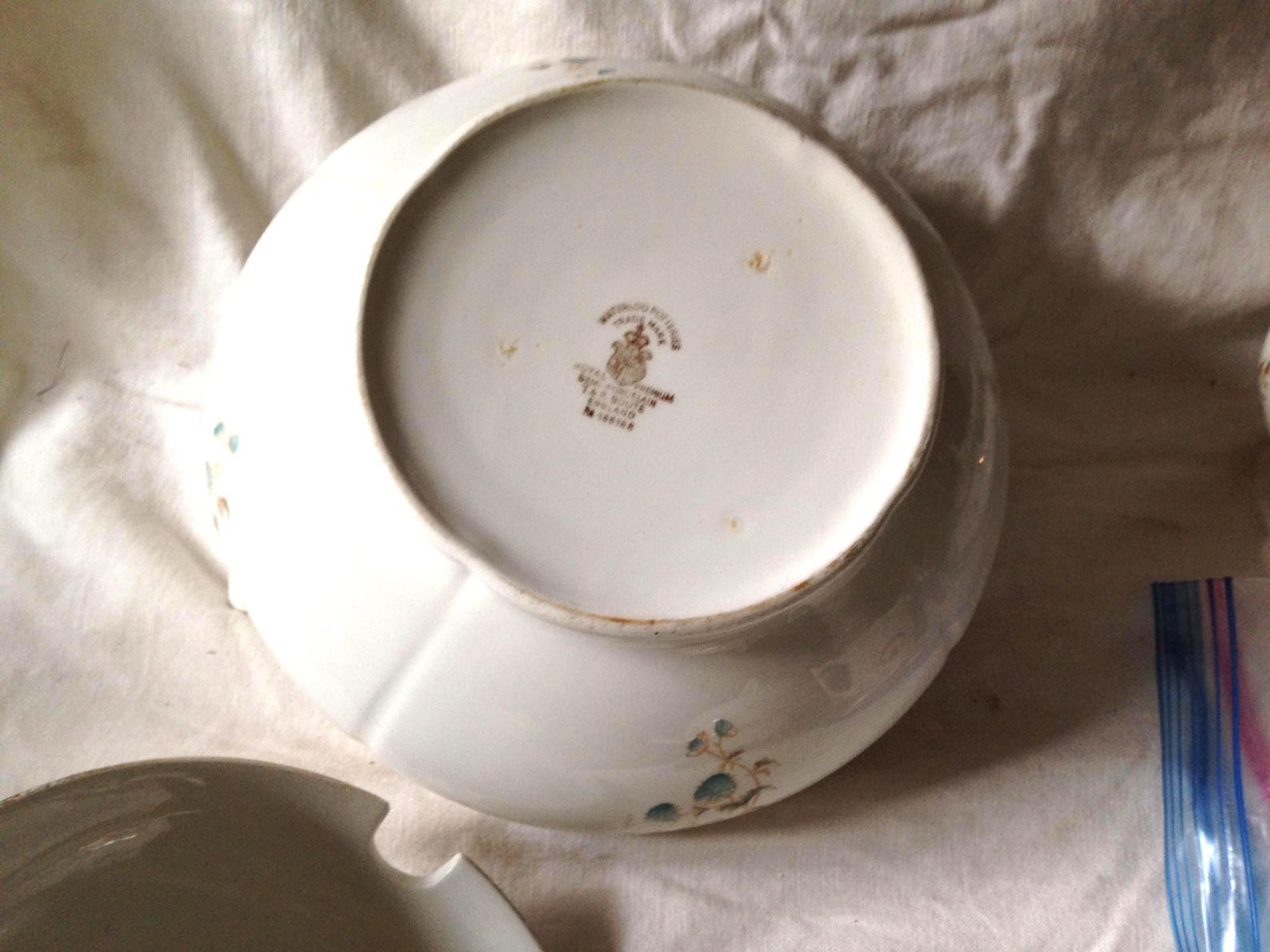 Covered Soup Tureen Waterloo Potteries Aqua Flowers Transfer Ware Gold ...