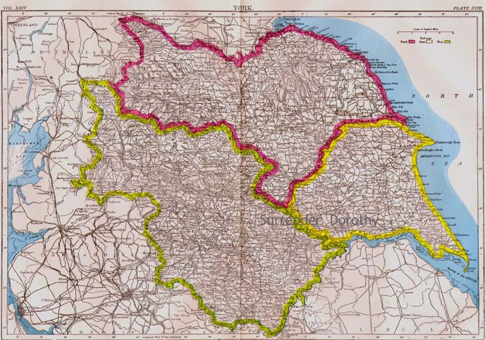 York County England Map Antique Copper Engraving Vintage European ...