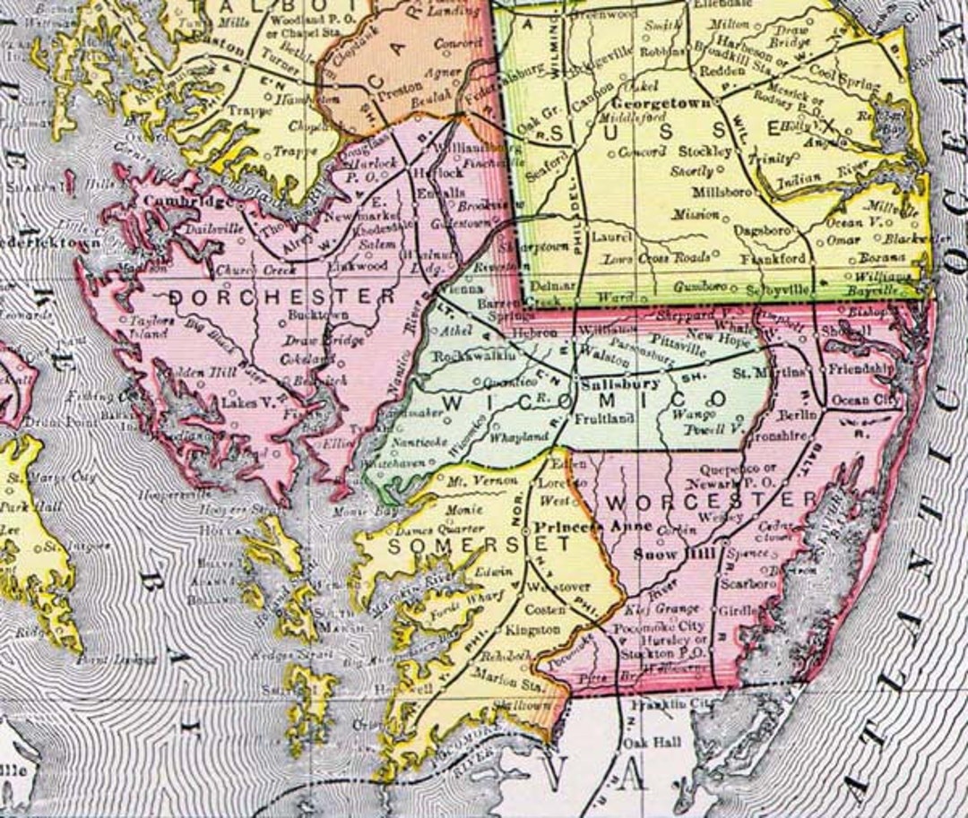 Maryland & Delaware Map United States USA 1896 Victorian Antique Copper ...