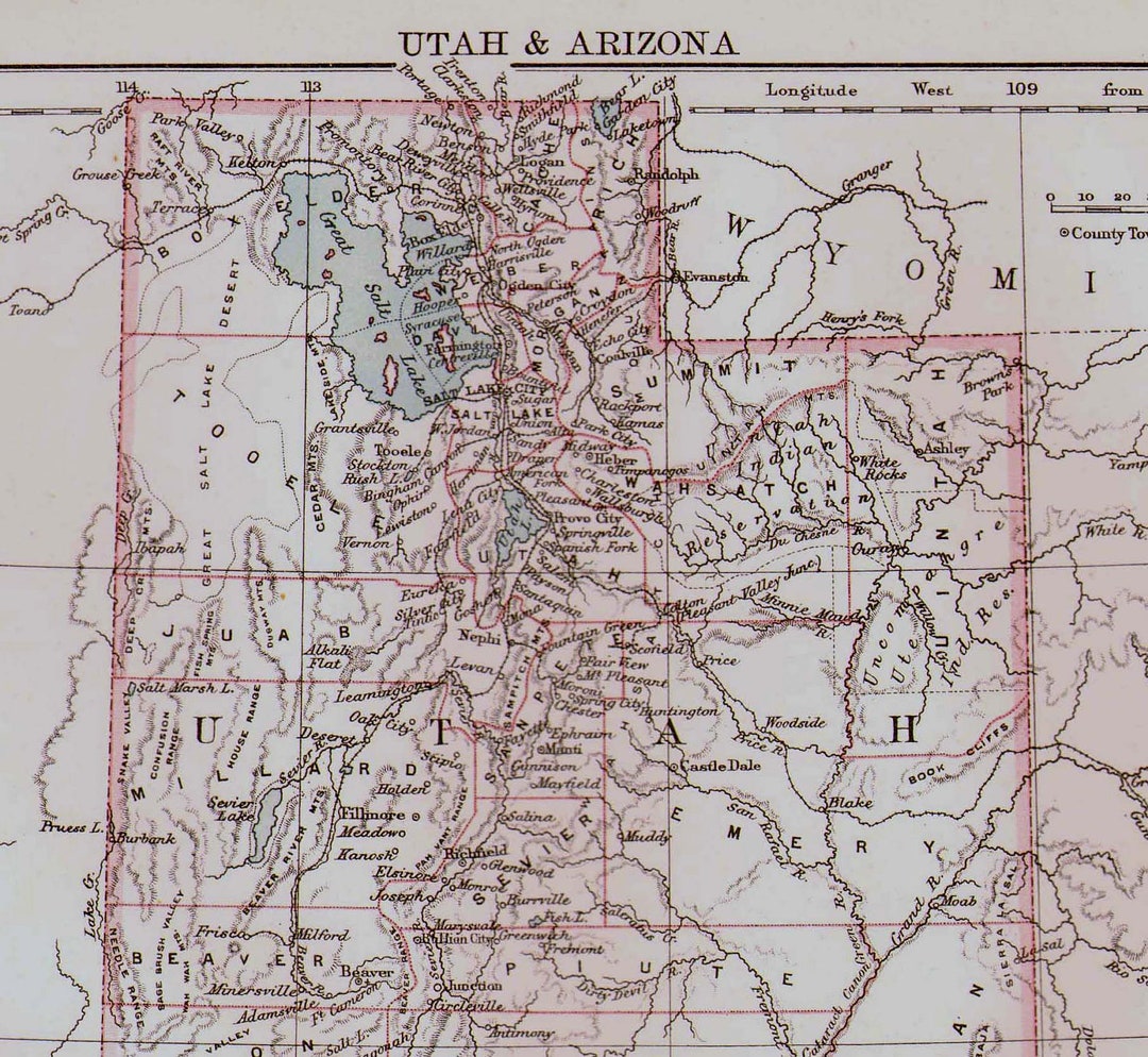 Utah Arizona Map Indian Reservations 1892 Large Antique Copper ...