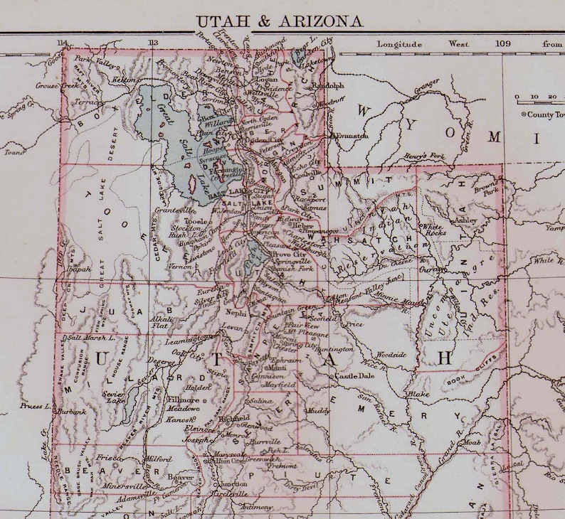 Utah Arizona Map Indian Reservations 1892 Large Antique Copper ...