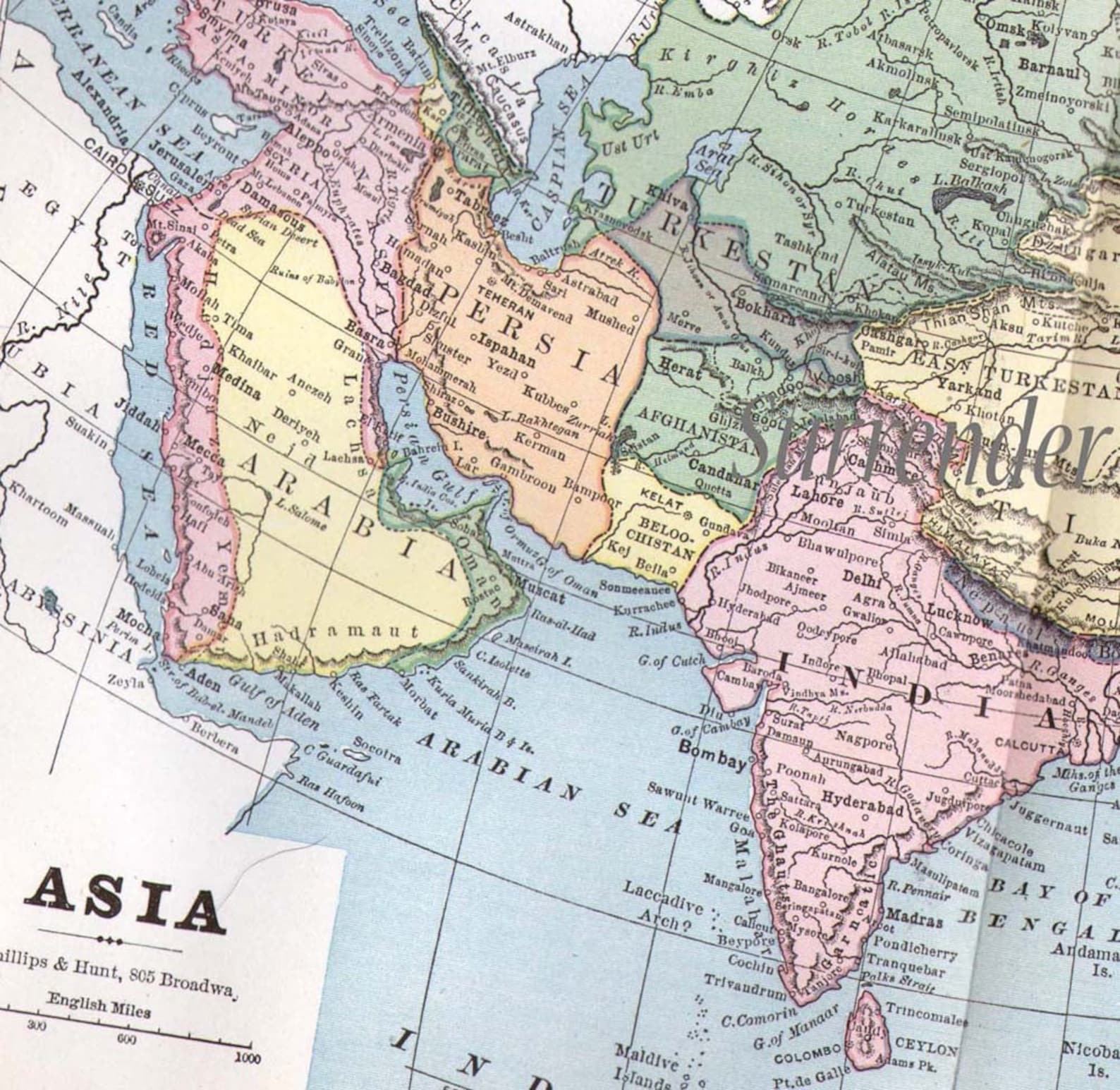 Asia Map Antique Victorian 1888 Vintage Aquatint Cartography to Frame ...