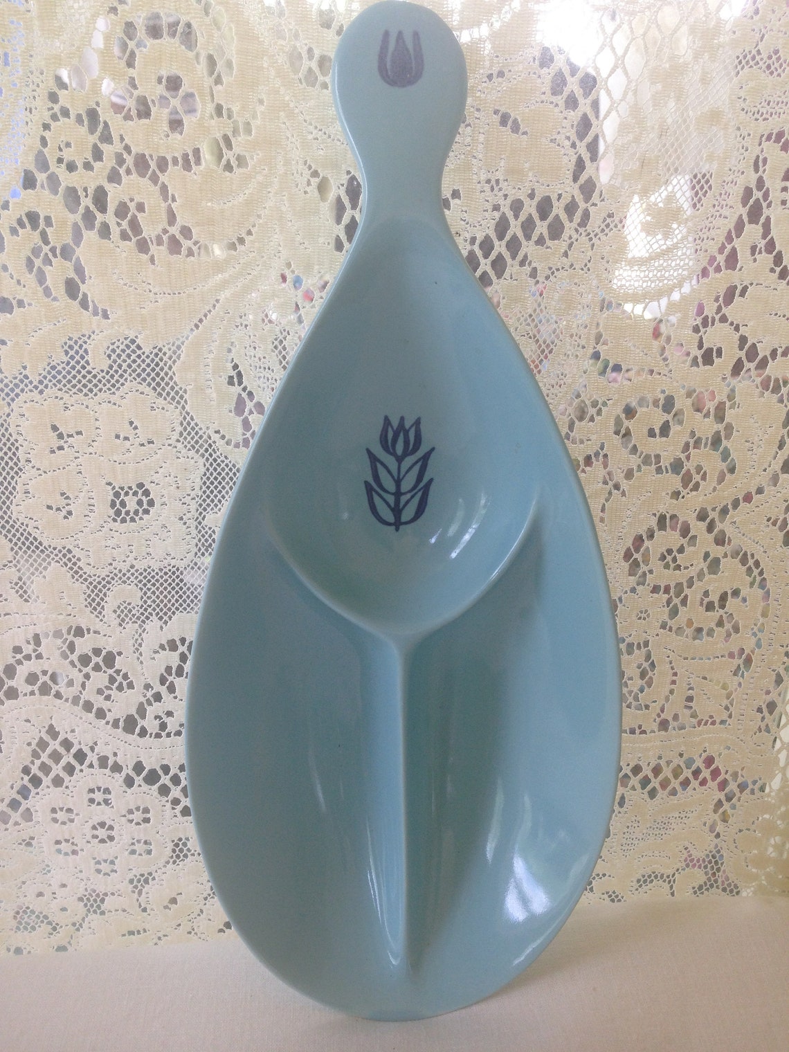 Cronin Pottery Blue Tulip Divided Serving Dish Teardrop 1960s Vintage ...