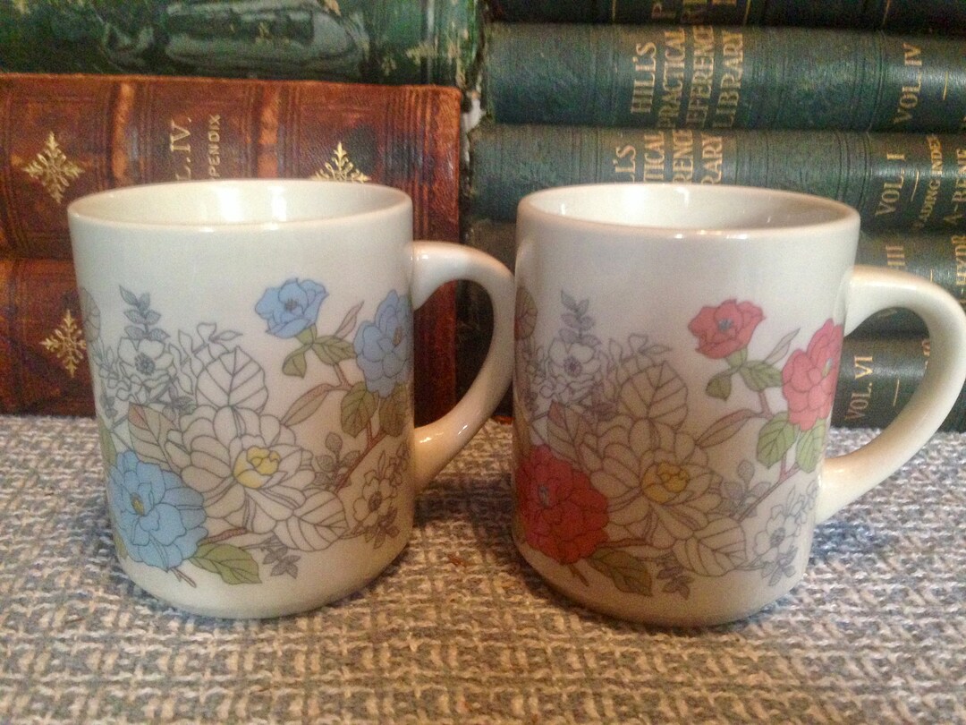 Vintage 1970s Coffee Cups Vintage Kitchen Ware Flower Pink Blue Roses ...