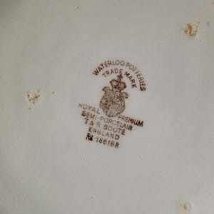 Covered Soup Tureen Waterloo Potteries Aqua Flowers Transfer Ware Gold ...