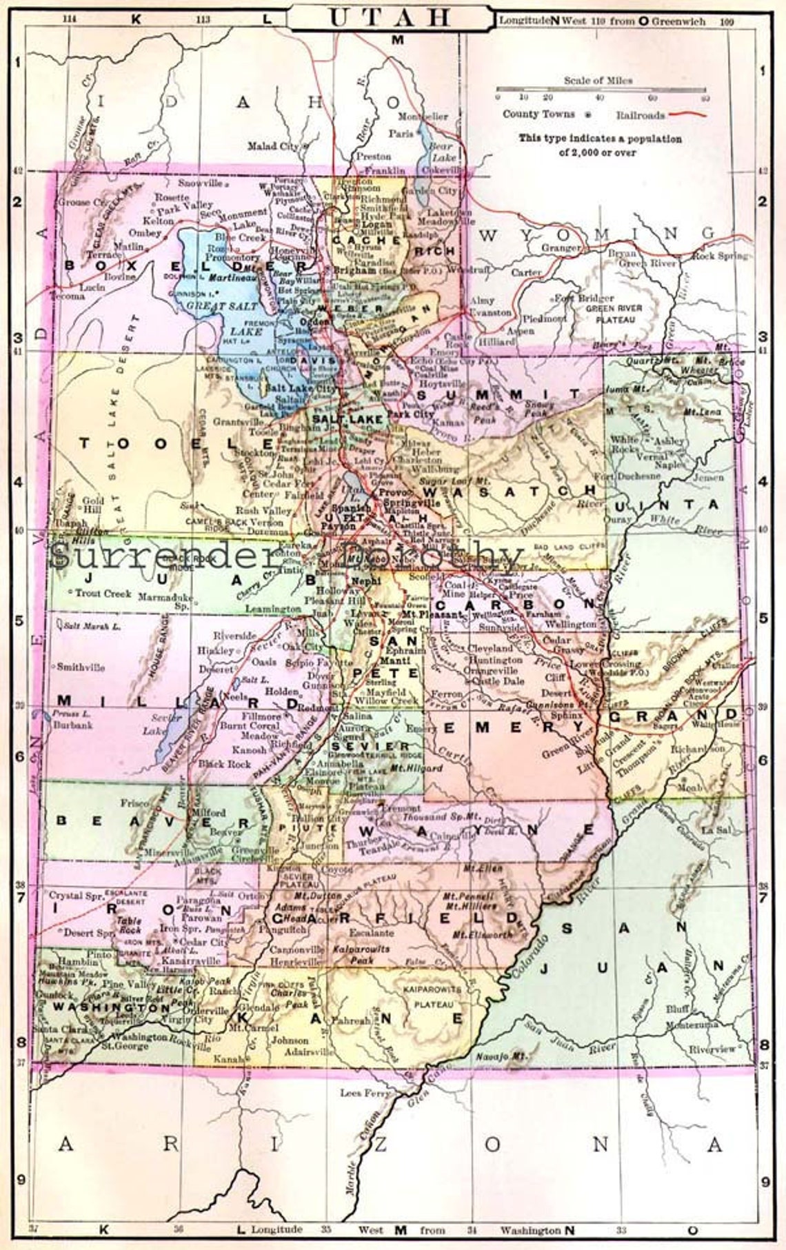Utah Map United States USA 1896 Vintage Victorian Antique Copper ...