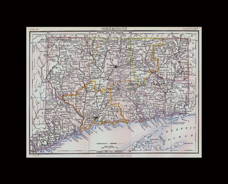 Connecticut USA State Map Antique Aquatint Copper Engraved - Etsy