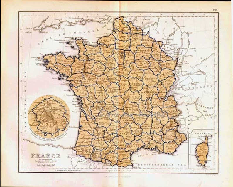 France Map Paris & Corsica Inserts Troisième Republique 1871 Vintage ...
