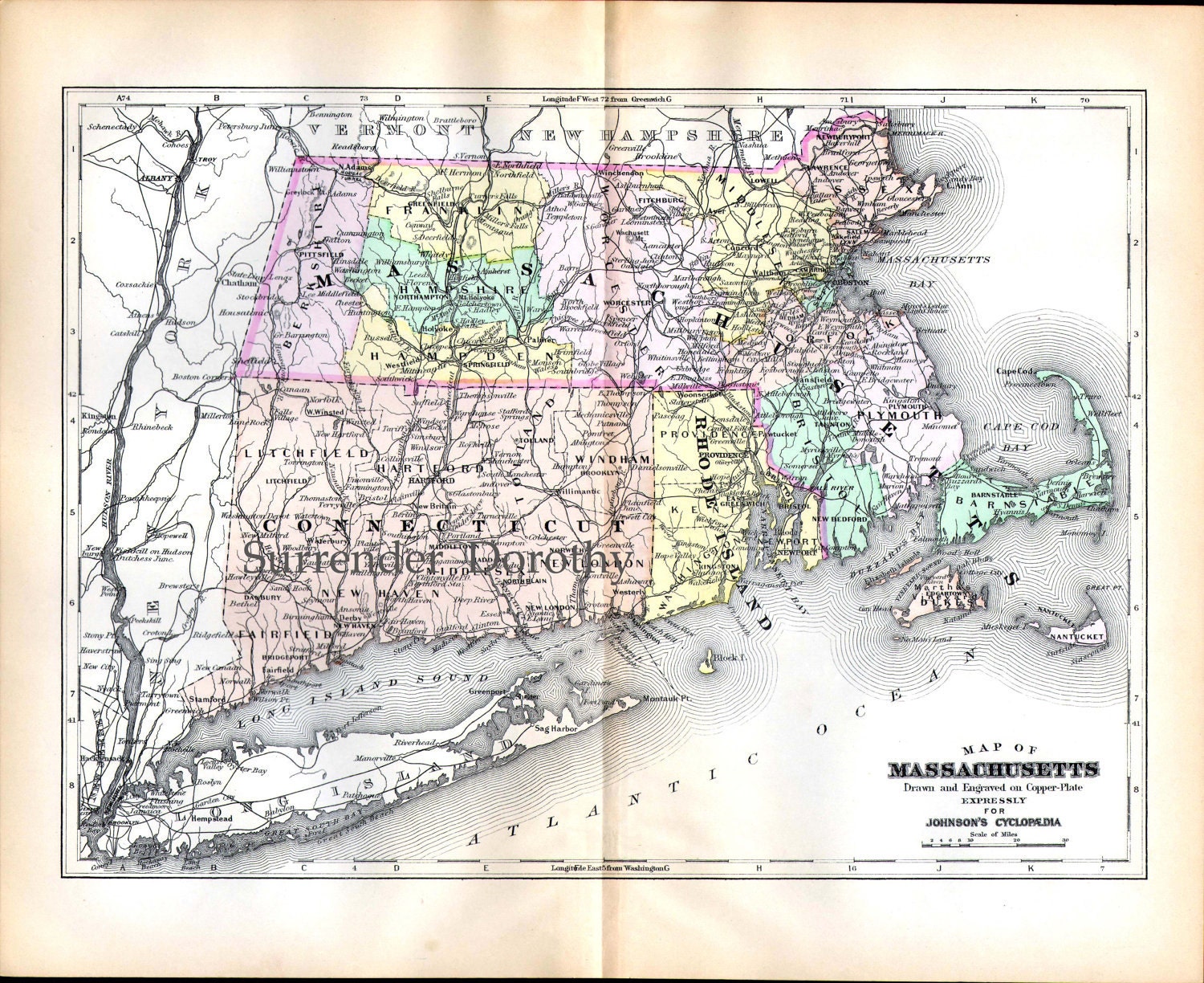 Massachusetts Connecticut Rhode Island Map 1896 Vintage Copper - Etsy