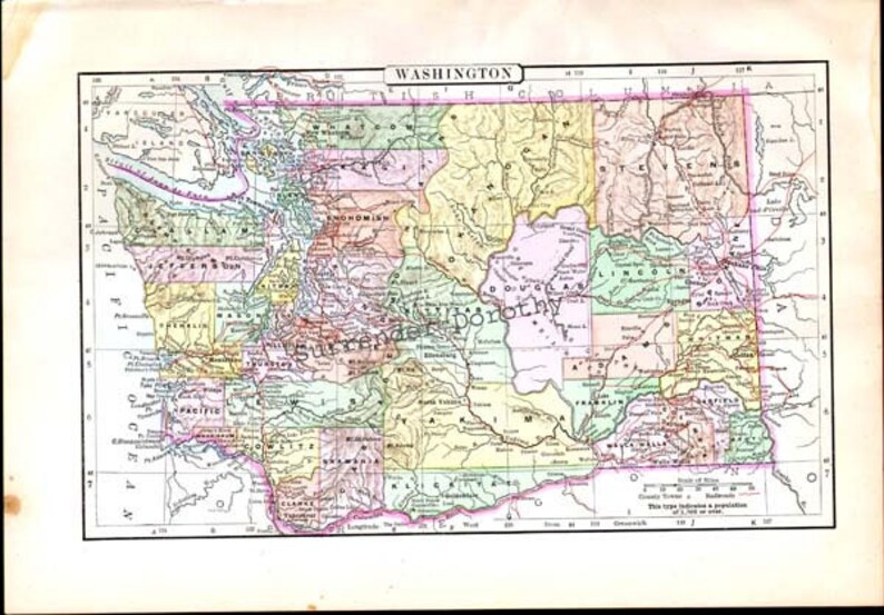 Washington Map USA United States 1896 Antique Victorian Copper ...