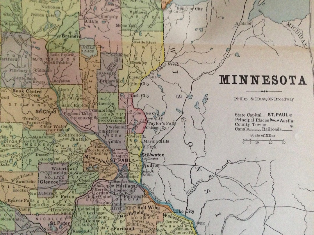 Minnesota USA State Map Antique Copper Engraved North American ...